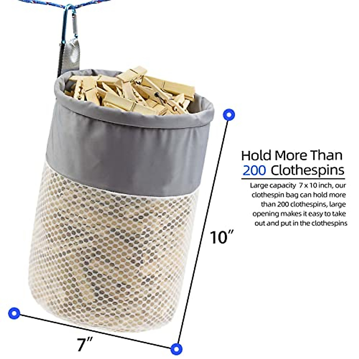 Mesh Clothespin Bag Holder Outside, Ventilation and Moisture Resistance, Multiple Hanging Methods Clothes Pin Bag with Drawstring Closure, Large-Capacity Clothespin Storage Organizer with Hooks