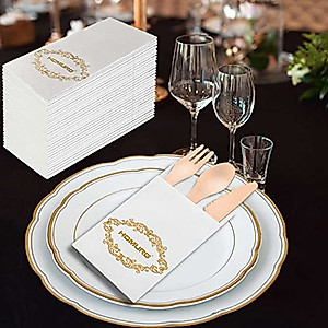 HOMURG Luxury Folded Paper Napkins with Wooden Silverware Bulk for 100 Guests, White Pocket Napkin Serviette and Wood Cutlery, Wedding Birthday Christmas Party Guest Towels & Flatware Set 300 Utensils