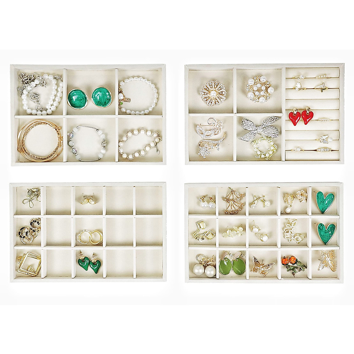 Set of 4 Stackable Jewelry Trays Organizer, Velvet Earring Organizer, Jewelry Organizer Showcase Display Drawer Organizer Storage, Earring Holder Necklace Bracelet Ring Accessary Organizers (Beige)