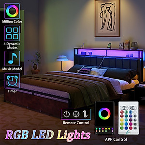 amerlife LED Bed Frame with Drawers, Queen Platform Bed Frame with 2-Tier Storage & Leather Upholstered & Charging Station Headboard, No Box Spring Needed, Easy Assembly, Noise Free, Rustic Brown