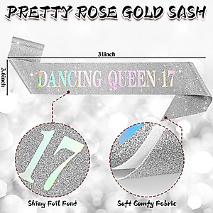 Crowye 17th Dancing Queen Gifts Dancing Queen 17 Cake Topper 17th Tiara Crown Sash Candles 17 Birthday Decorations for Party Accessories(Silver)