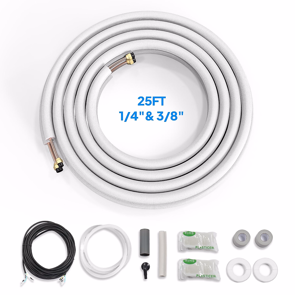 ROVSUN 25 Ft Mini Split Line Set, 1/4" & 3/8" O.D. Flared Copper Tubing Pipes & 3/8" Thickened PE Insulated Coil with Nuts & Installation Kit for Mini Split Air Conditioner & Heat Pump System