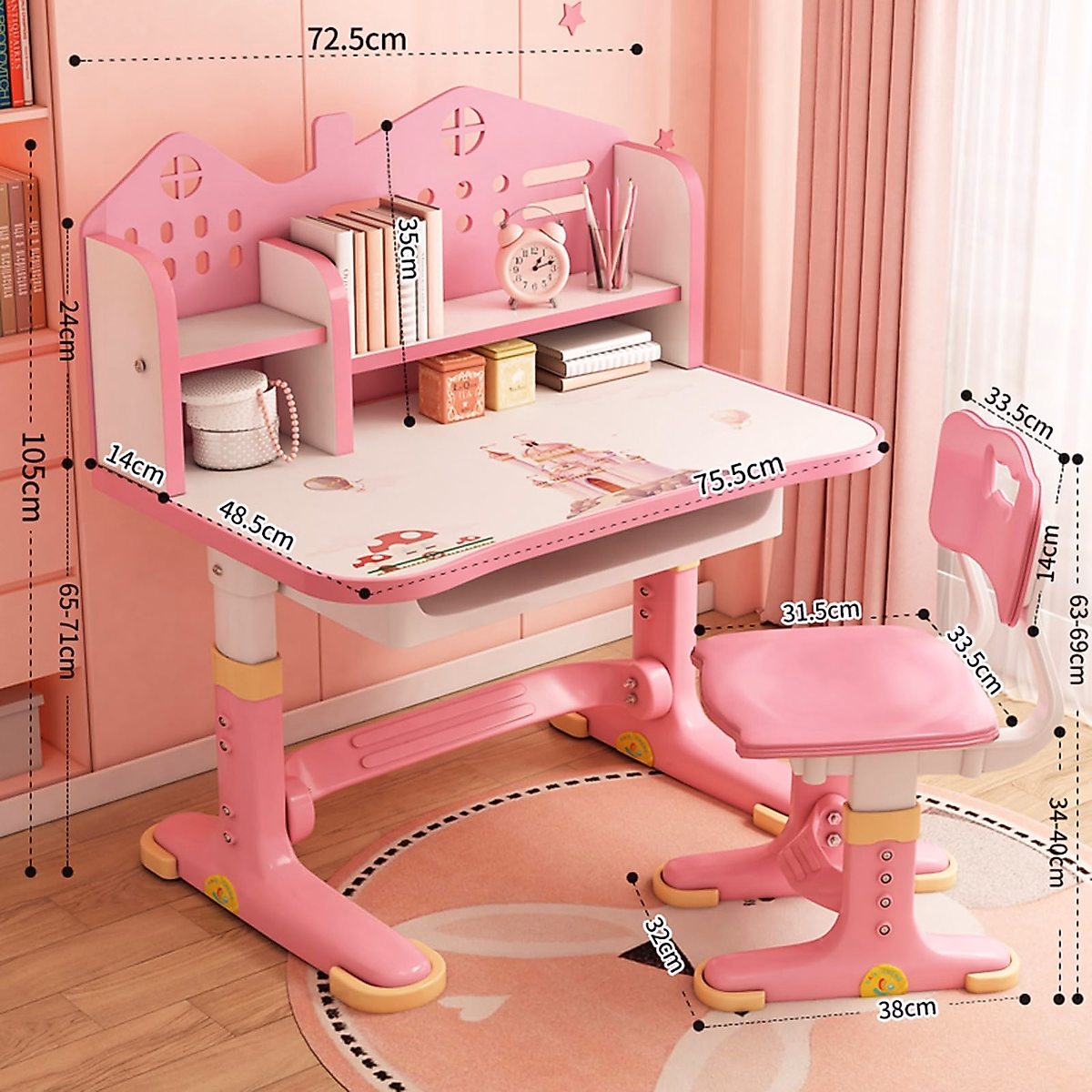 tulkdexi Kids Functional Desk and Chair Set, Study Desk for Children with Chair, Kids Desk and Chair Set,Height Adjustable Children School Study Desk with Storage Drawer for Boys Girls(Pink) Pink