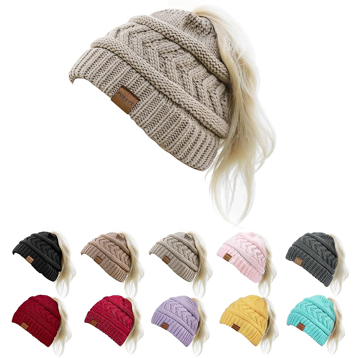 Pukavt 1 Pack Winter Hat Ponytail Beanie Hat for Women, Soft Stretch Cable Knit Messy Bun Beeanie,Trendy and Warm Beige