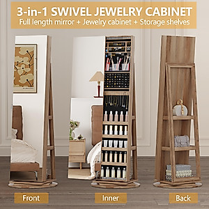 LVSOMT 360° Swivel Jewelry Cabinet with Full Length Mirror, 63" Large Jewelry Armoire Organizer, Lockable Mirror with Jewelry Storage, Floor Standing Mirror, Rear Storage Shelves