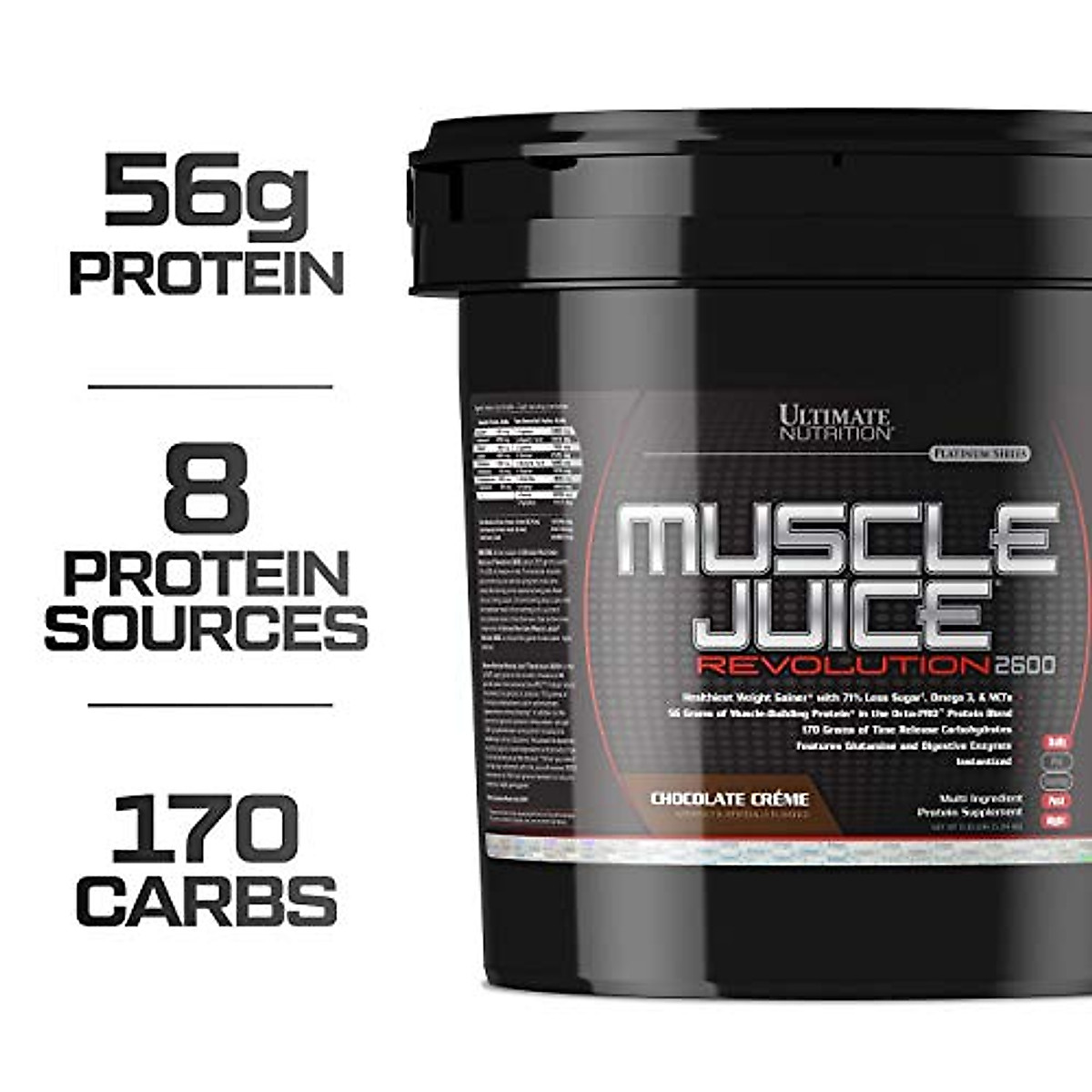 Ultimate Nutrition Muscle Juice Revolution 2600, Lean Muscle Mass Gainer Protein Powder with Glutamine, Whey Protein Isolate for Weight Gain, Time Release Carbohydrates, 11.1 Pounds, Chocolate