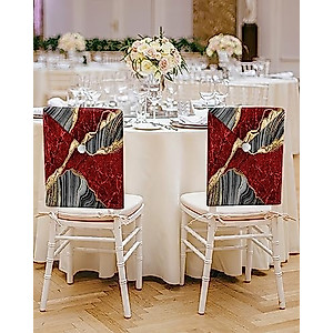 Abstract Chair Back Cover for Dining Room,Santa Hat Chair Slipcovers Set of 4, Burgundy Red Golden Gray Marble Washable Kitchen Chair Back Covers for Home Dinner Party Events Modern Fluid