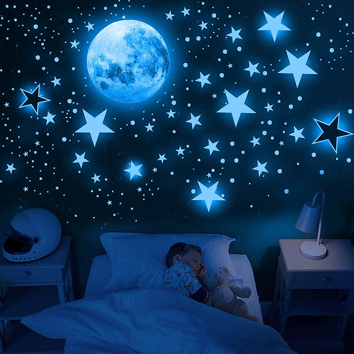 1049 Pieces Luminous Sticker Wall Decal Luminous Stars self-Adhesive Children's Room Wall Stickers Moon and Stars Fluorescent Wall Stickers, Stickers for Children's Rooms Girls Decorative