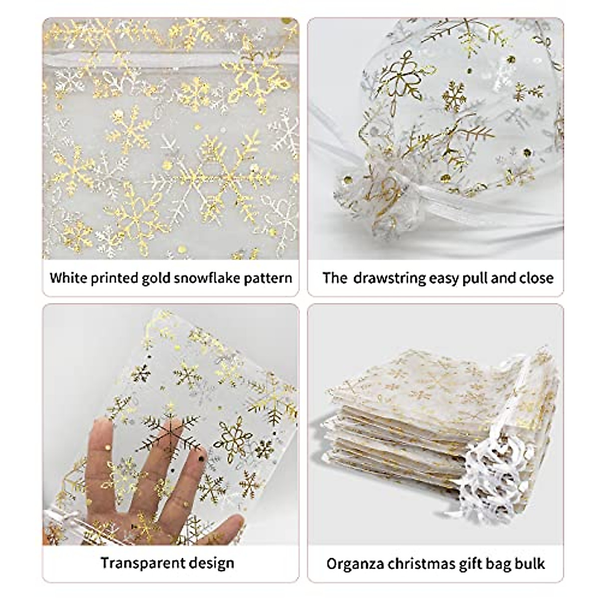 Jexila 100PCS Christmas Organza Bag 5''X7'' Snowflake Christmas Small Mesh Drawstring Gift Bags Christmas Party Favor Goodie Candy Treat Bags