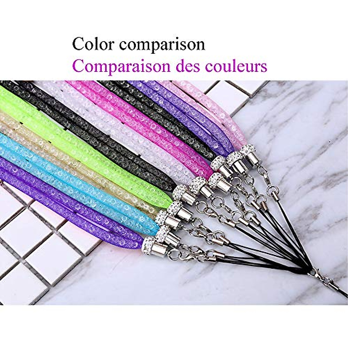 Lanyard with Fishnet Tube Filled with Sparkly Rhinestones(Pack of 4),Bling Strap for Phone,Camera,ID Badge and USB Key,Long,Black-Champagne-Pink-Purple