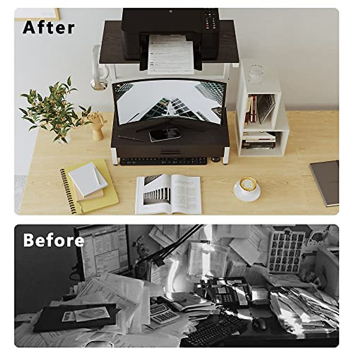 2 Tier Desktop Printer Stand Monitor Stand with Drawer, Small Home Printer Stand, Desk Organizer with Hook Non-Slip Feet for Home and Office(Black)