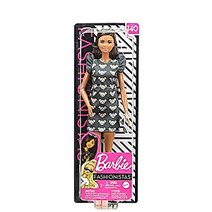 Barbie Fashionistas Doll #140 with Long Brunette Hair Wearing Mouse-Print Dress, Pink Booties & Sunglasses, Toy for Kids 3 to 8 Years Old