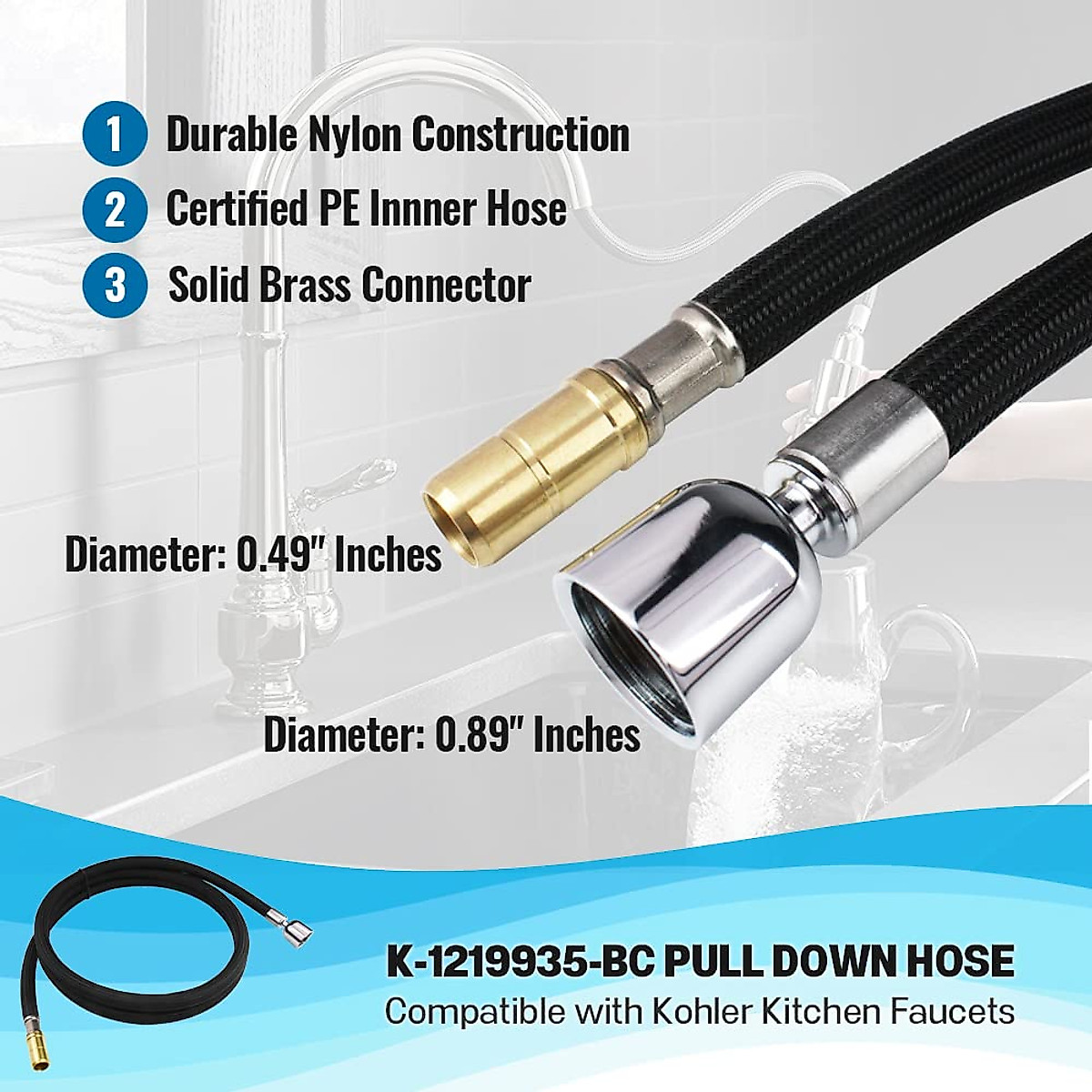 Kitchen Faucet Parts Replacement for Kohler Faucet K-1304674-BC to Hose Adapter extender, sink hose attachment for faucet K-1219935-BC, 67" Inches Pull Down Hose, Bright Chrome Finish