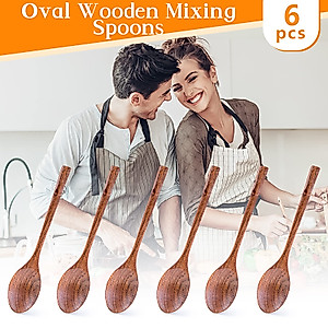 HAKSEN 8 Inch Wooden Spoon Set, 6PCS Oval Wooden Mixing Spoons Long Handle Spoons Nonstick Japanese Style Kitchen Utensils for Home Kitchen Cooking Stirring Sauce Coffee Soup Iced Tea Coconut Bowl Pot