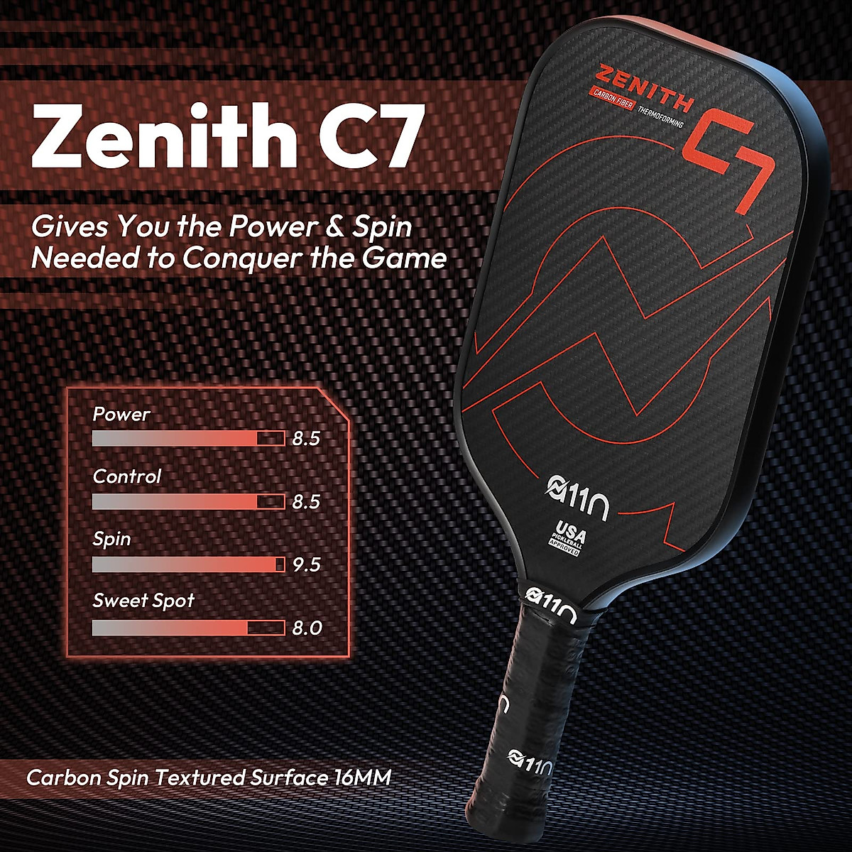 A11N Zenith C7 Pickleball Paddle 16mm | T-700 Carbon Fiber with Foam Injected Walls | Enlarged Sweet Spot | Elongated Shape | Red