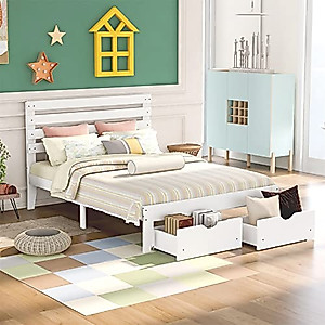Full Bed with Drawers,Wood Bed Frame with Headboard and Footboard Mattress Foundation Wood Bed Platform for Boys, Girls, Kids, Young Teens and Adults,White