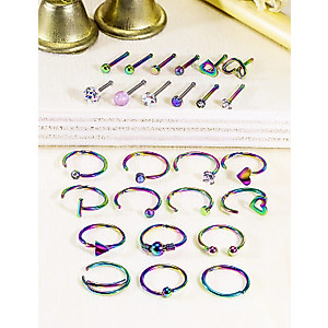 Jenxnjsjo Nose Rings Hoops Studs Piercings Jewelry Set for Women 20g Green Surgical Stainless Steel 20 g Gauge Rainbow Aretes para La Nariz Cute Tiny Straight Bar Nostril Bone Pack Hypoallergenic
