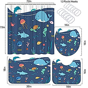 AtGoWac 4 Piece Blue Ocean Fish Shower Curtain Sets with Rugs, Lovely Cartoon Undersea World Shower Curtains, Kids Children Bathroom Decor Set