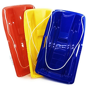 Matty's Toy Stop 26" Heavy Duty Plastic Snow Sled Toboggan with Tow Rope for Kids Red, Yellow & Blue Gift Set Bundle - 3 Pack