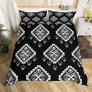 Erosebridal Western Aztec Bedding Set Exotic Tribal Mexican Bohemian Comforter Cover Black White Boho Aztec Duvet Cover for Teen Boys Adults Men Geometric Ethnic Bedspread Cover 2 Pillow Cases King