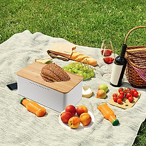 Widousy Bread Bin with Bamboo Lid, White Bread storage box – Bread Holder Bin for Kitchen Countertop Storage Organizer (White)