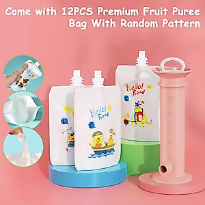 Fruit Puree Filler, Portable Food Pouch Filler Fruit Squeeze Puree Filler Vegetable Puree Maker Fruit Juice Food Maker with 12pcs Reusable Food Pouches for Kids Indoor and Outdoor Usage (Green)