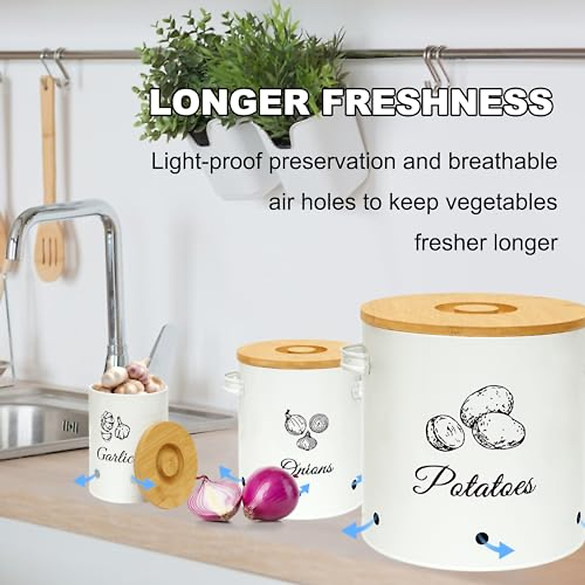 Holismo Potato Storage For Pantry, 3 Containers Kitchen Counter Organizer Countertop Onion and Potato Storage bin with Garlic Holder, Kitchen Canisters Vegetable Keeper with bamboo lid