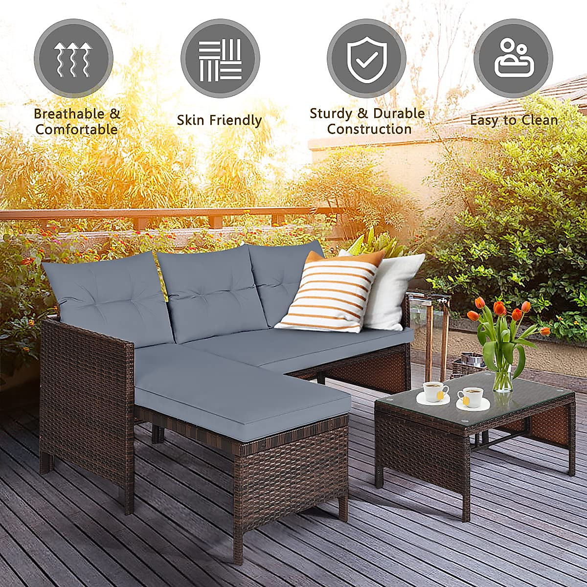 Moccha Patio Furniture Sets, Sectional Sofa Set, includes Lounge Chaise, Loveseat & Coffee Table, All Weather Rattan Wicker Couch w/Washable Seat Cushions, Patio Garden Lawn Backyard Furniture (Grey)
