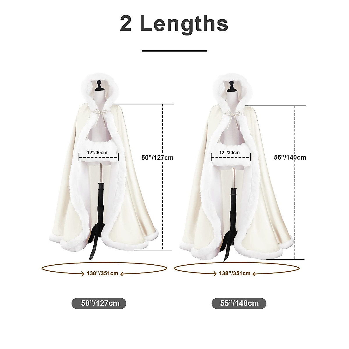 BEAUTELICATE Wedding Cape Hooded Cloak for Bride Winter Reversible with Fur Trim Free Hand Muff Length 50" Ivory
