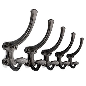 Ambipolar 5-Pack Decorative Cast Iron Heavy Duty Double Wall Hooks, Vintage Hooks in Antique Black Coat Hooks Wall Mounted for Mudroom, Hat Rack, Purse Hooks