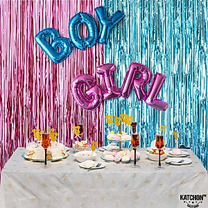 KatchOn, Large Pink and Blue Foil Fringe - 6.4x8 Feet, Pack of 2 | Girl or Boy Gender Reveal Decorations | Pink and Blue Fringe, Boy or Girl Backdrop | Gender Reveal Backdrop for Gender Reveal D√©cor