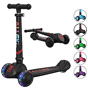 Allek Kick Scooter Foldable F02, 3-Wheel LED Flashing Glider and 4 Adjustable Height with Anti-Slip Thick Deck Push Scooter for Children 3-12yrs (Black)