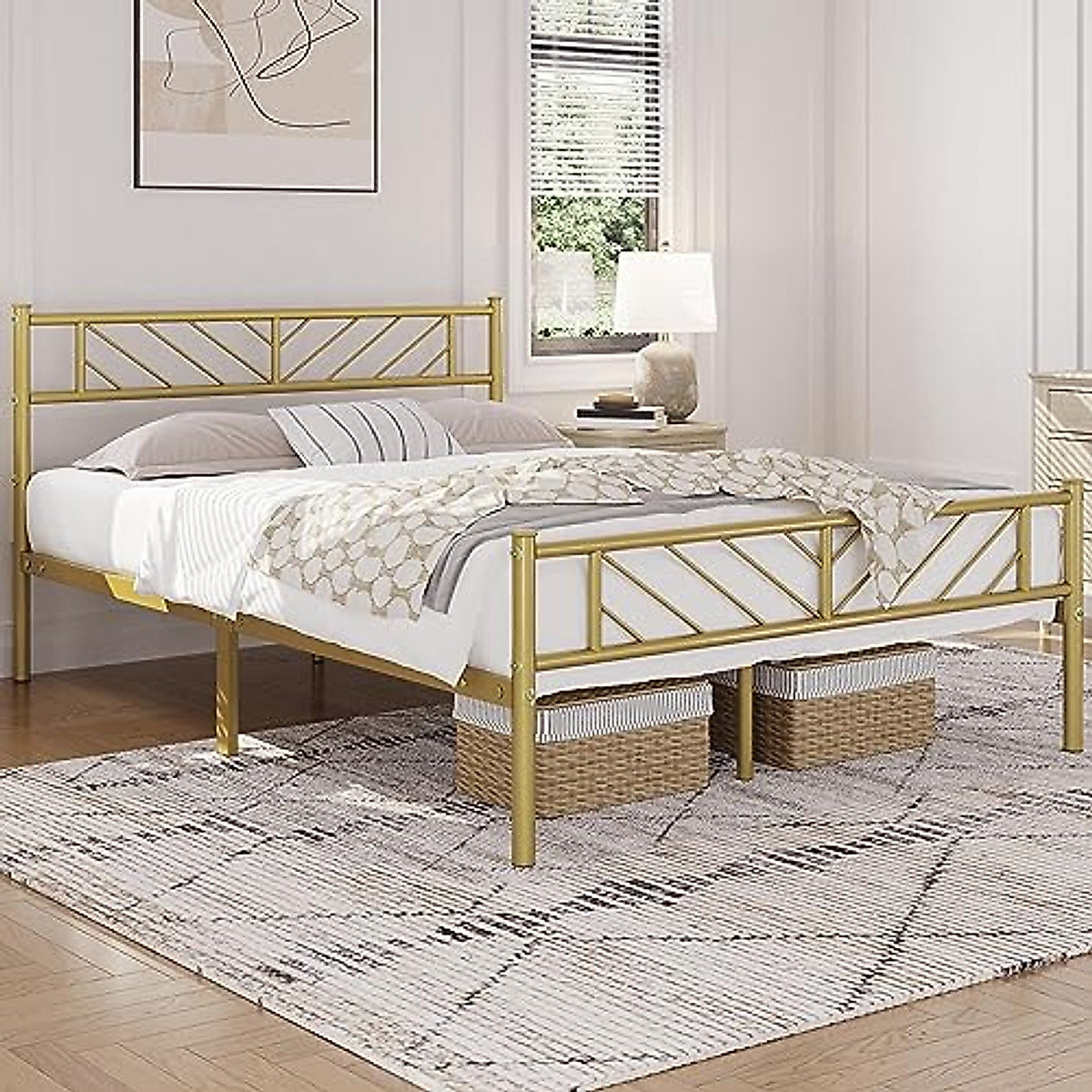 Yaheetech Full Size Platform Bed Frame with Arrow Design Headboard,13 Inches Metal Mattress Foundation for Storage,No Box Spring Needed,Easy Assembly,Modern,Antique Gold
