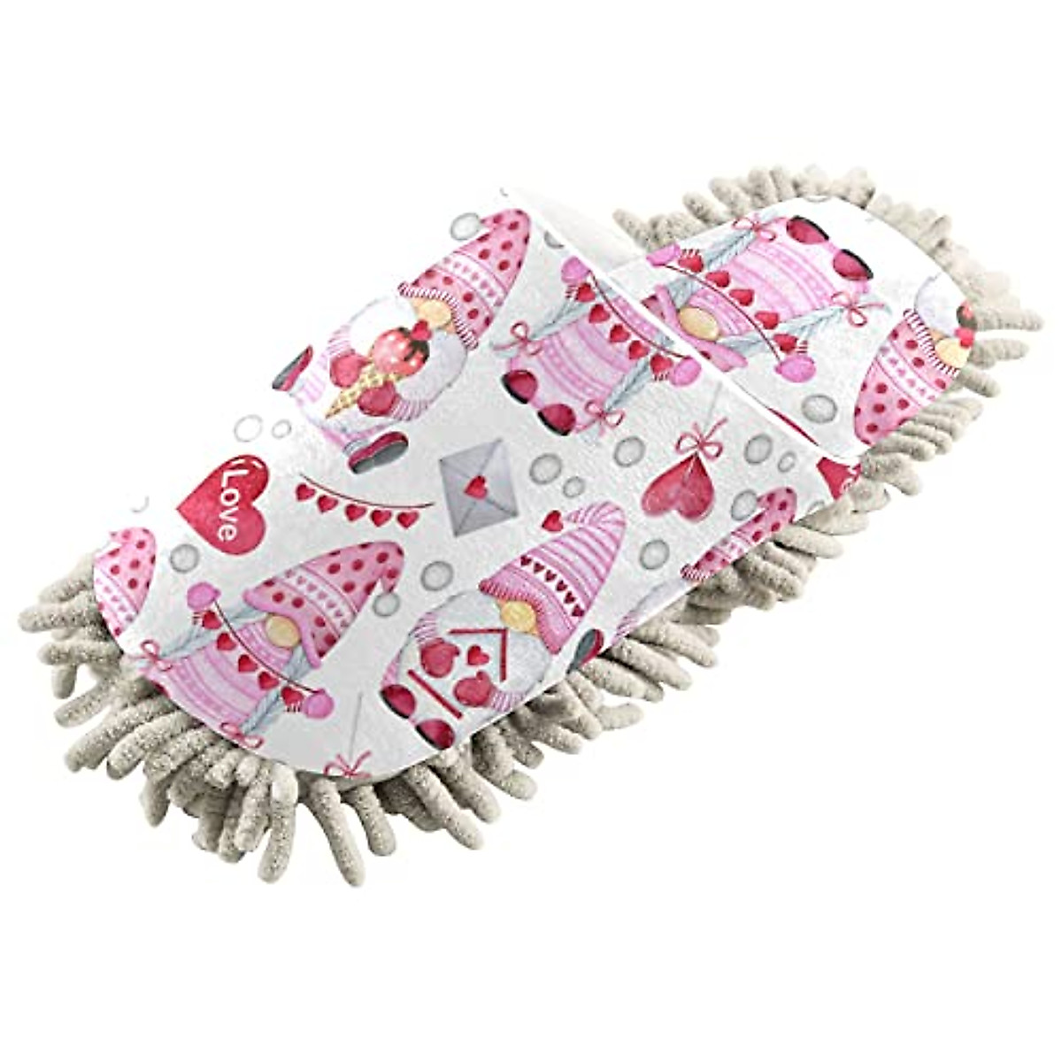 Kigai Microfiber Cleaning Slippers Cute Valentine Gnomes Washable Mop Shoes Slipper for Men/Women House Floor Dust Cleaner, Size M