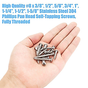 DYWISHKEY 200 Pieces #8 x 3/8", 1/2", 5/8", 3/4", 1", 1-1/4", 1-1/2", 1-5/8" Stainless Steel 304 Phillips Pan Head Self-Tapping Screws, Wood Screws Assortment Kit
