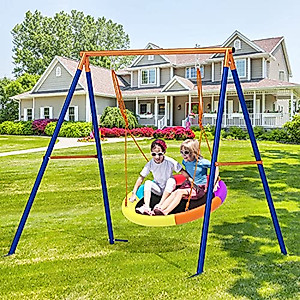 GIKPAL Saucer Swing with Stand for Kids Outdoor, 440lbs Swing Set with Heavy-Duty Metal Frame and Adjustable Ropes, Safe Waterproof Round Swing for Backyard Playground Park, Rainbow Color