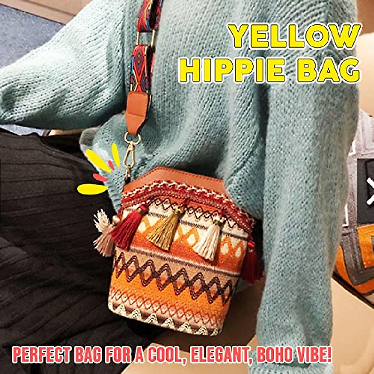 Yellow Bohemian Hippie Bag Stylish and Ultra-Trendy, Boho bags for Women, Ethnic Hippie Crossbody bag, Shoulder Bag, Hippie Side Bag with Adjustable Strap, Hippy Bags and Purses, Hippie Tote Bag