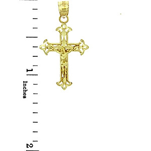 14K Yellow Gold 1-1/4" Fleur De Lis Openwork Crucifix Charm Pendant Religious Jewelry