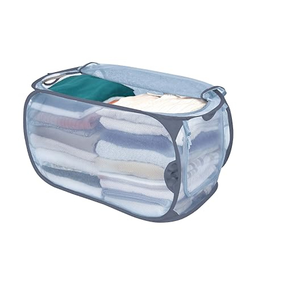 Smart Design Mesh Pop Up Flip Laundry Hamper and Basket - Handles and Side Zipper - Durable Fabric Collapsible Design - Clothes, Toys - Home - Holds 3 Loads - 15 x 25 Inch - Teal