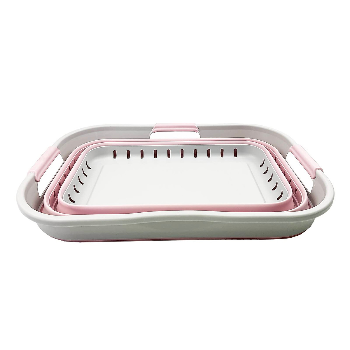 SAMMART 21L (5.5 gallon) Super Mini Collapsible 3 Handled Plastic Basket - Foldable Pop Up Storage Container/Organizer - Space Saving Hamper/Basket (Grey/Pale Pink)