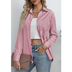 Diosun Womens Striped Button Down Shirts Classic Long Sleeve Stylish Collared Office Work Blouses Tops (Medium, Red)