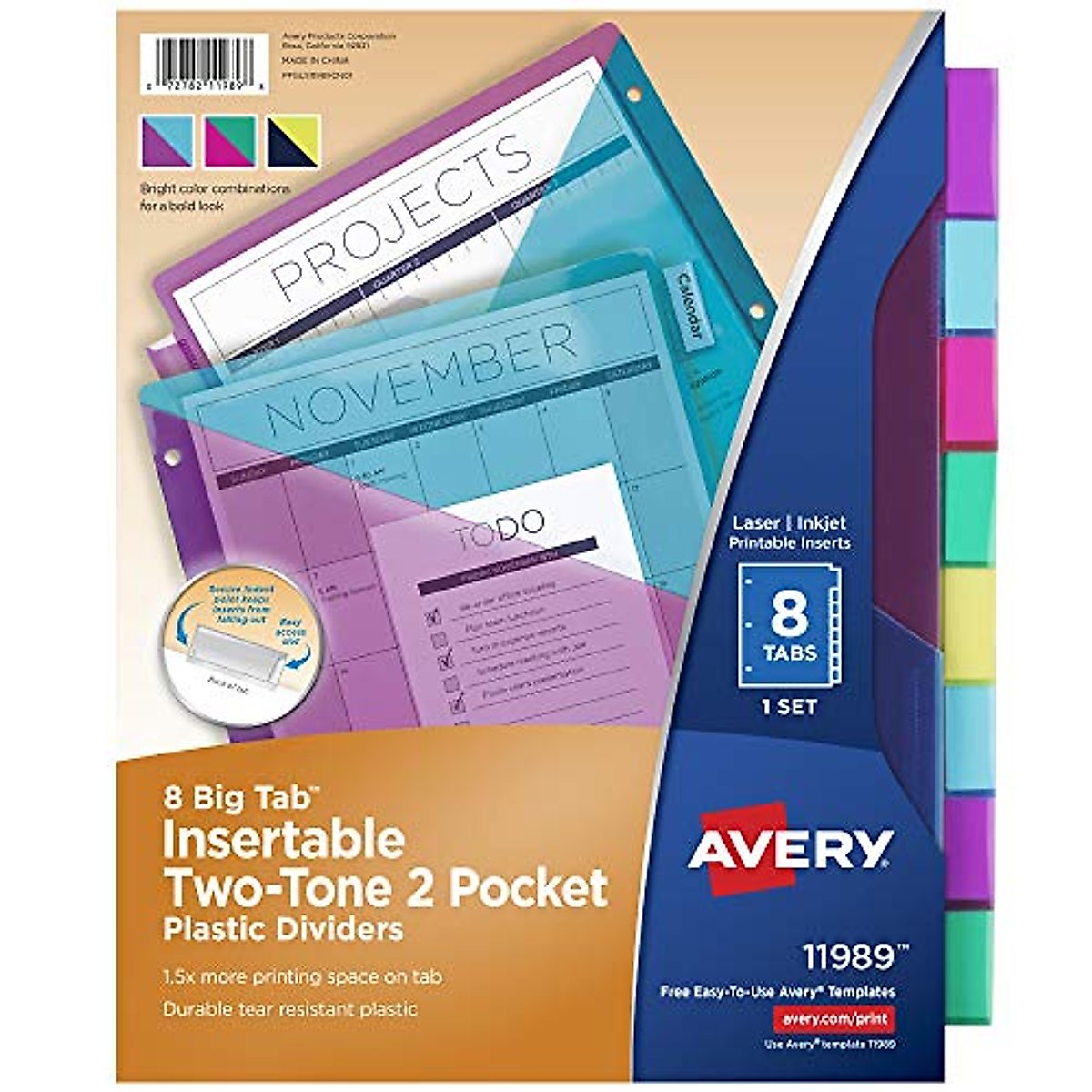 Avery Dividers for 3 Ring Binders, 8-Tab Binder Dividers, Multicolor, 3 Sets (71907) & Plastic 8-Tab Two-Tone Binder Dividers with Two Pockets, Insertable Bright Color Big Tabs, 1 Set (11989)