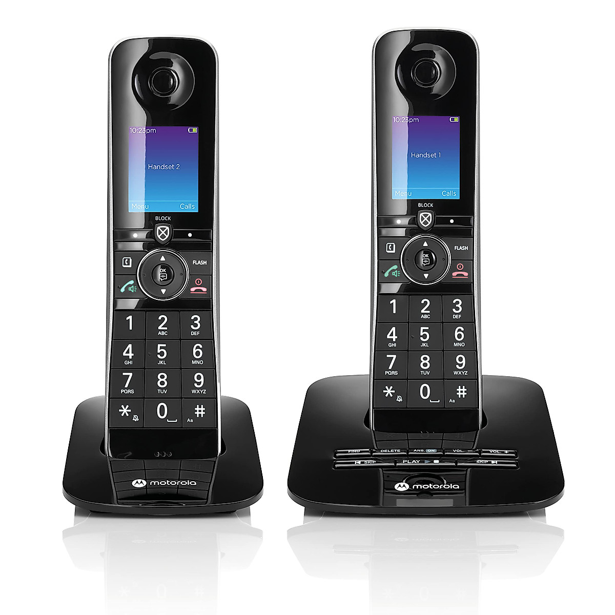 Motorola Voice D8712 Cordless Phone System w/2 Digital Handsets + Bluetooth to Cell, Answering Machine, Call Block - Black