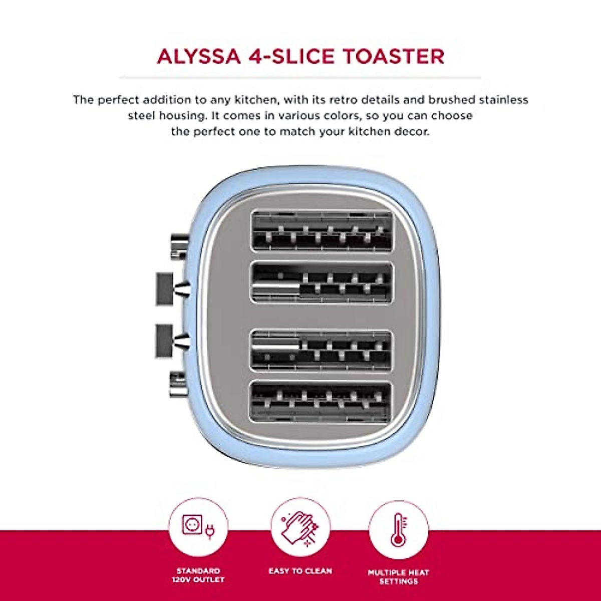 Homeart Alyssa 4-Slice Retro Toaster - Stainless Steel With Removable Crumb Tray, Adjustable Browning Control With Multiple Settings to Cancel, Defrost and Bagel - 1500W, Powder Blue