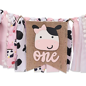 Cow High Chair Banner - Farm 1st Birthday Party For Baby Girl, Pink Barnyard Theme Banner ,First Cake Smash, Baby Shower Decorations For Girl