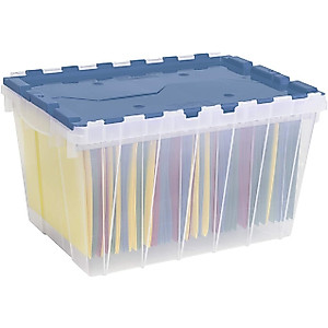Akro-Mils 12 Gallon KeepBox File Box Plastic Stackable Storage Container with Hinged Attached Lid and Rails for Hanging File Folders, 21-Inch L x 15-Inch W x 12-Inch H, Clear/Blue