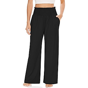 UEU Womens Smocked Ruffle High Waisted Wide Leg Pants Casual Loose Yoga Sweatpants Lounge Pajamas with Pockets Black