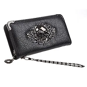 HOYOFO Skull Wallets for Women Zip Around Clutch with Credit Card Holder Phone Case Leather Long Goth Wallet Purse with Wristlet, Black