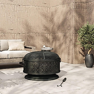 Sunjoy 30 in. Outdoor Fire Pit, Patio Black Round Wood-Burning Steel Firepit Large Fire Pits for Outside with Spark Screen and Fire Poker