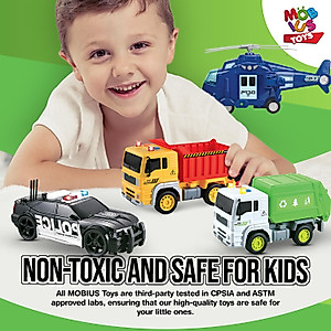 City Car Toy Playset of 3 Vehicles - Friction-Powered w/ Realistic Lights & Sounds - Includes Police Car, Garbage Truck, Construction Dump Truck & Helicopter - Toddler Boys Toy for Kids Ages 3-5